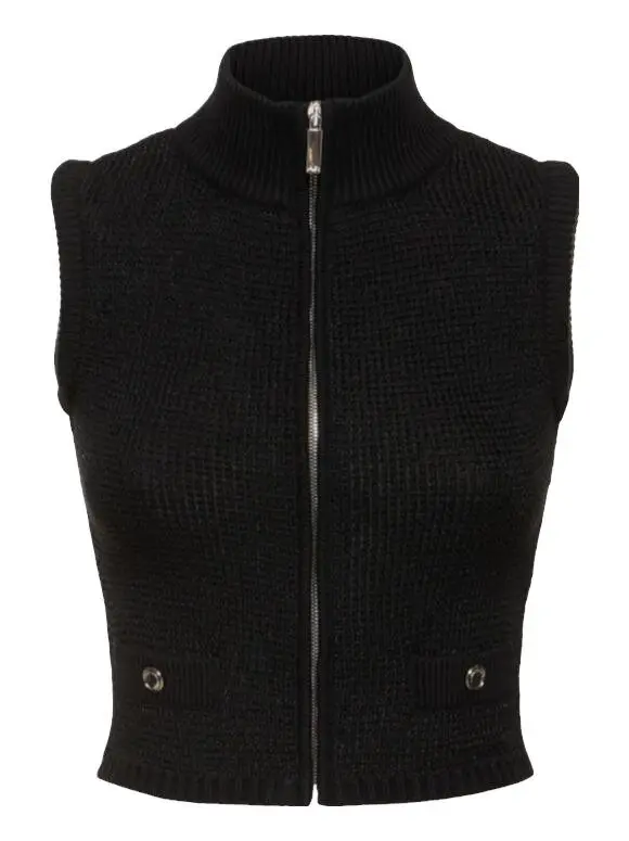 Alessandra Rich Knit Vest With Sequins And Zipper Detail - Black