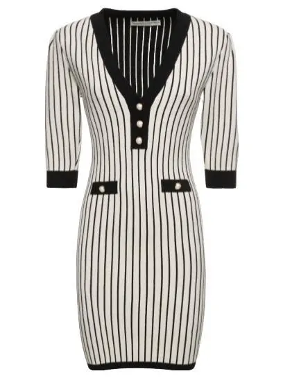 Alessandra Rich Pinstripe Knitted V-neck Dress - White