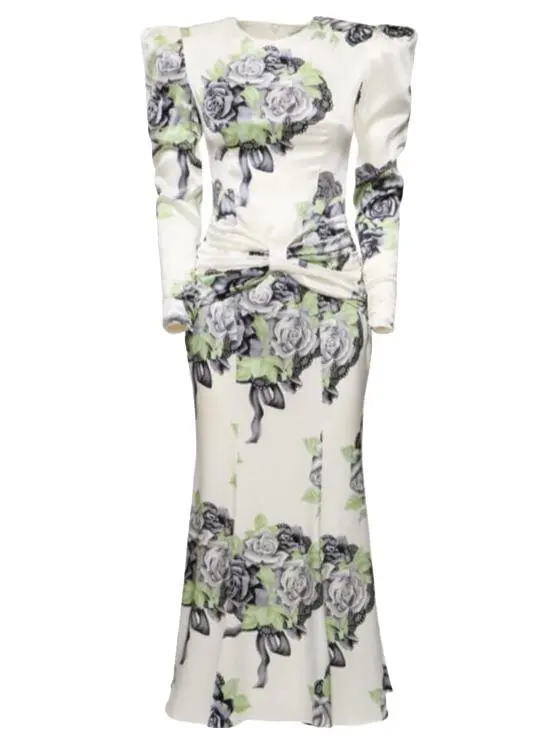 Alessandra Rich Long-sleeved Floral Print Gown - White
