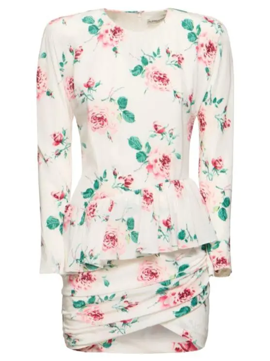 Alessandra Rich Long Sleeve Floral Print Mini Dress - White