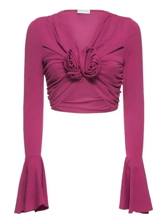 Magda Butrym Draped Jersey Long Sleeve Top With Flower Appliqués - Pink