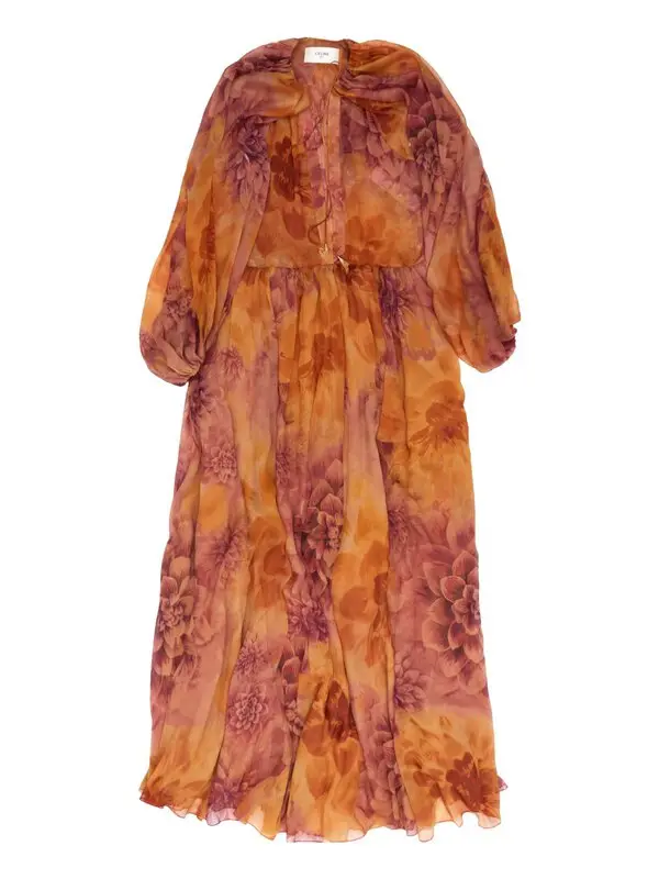 Celine Floral Print Silk Muslin Caftan Dress - Brown