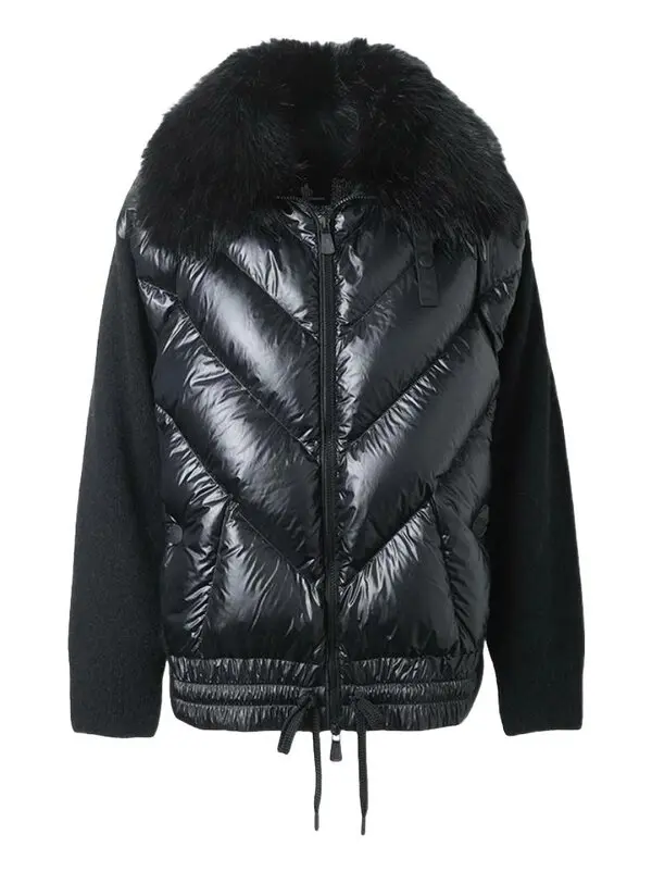 Moncler Logo Down Jacket With Fur Collar - Black