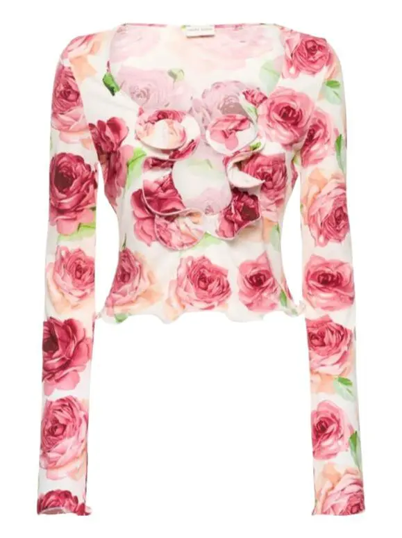 Magda Butrym Printed Jersey Crop Top With Floral Appliqués - Pink