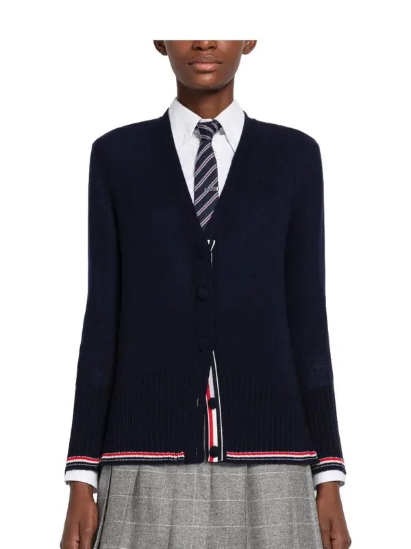 Thom Browne Rwb-stripe Trim V-neck Cardigan - Navy Blue