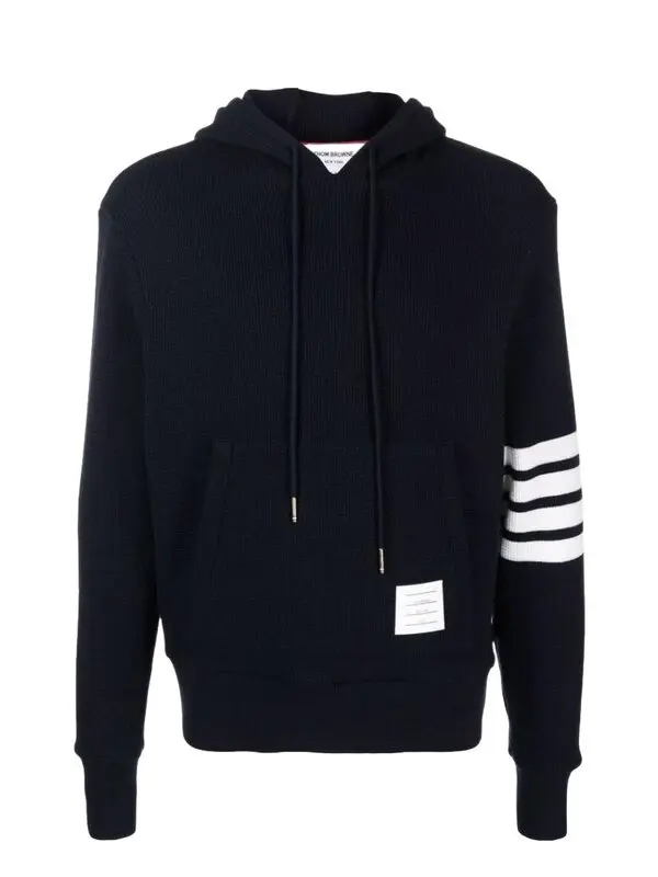 Thom Browne Drawstring Knitted Hoodie With Signature Stripes - Navy Blue