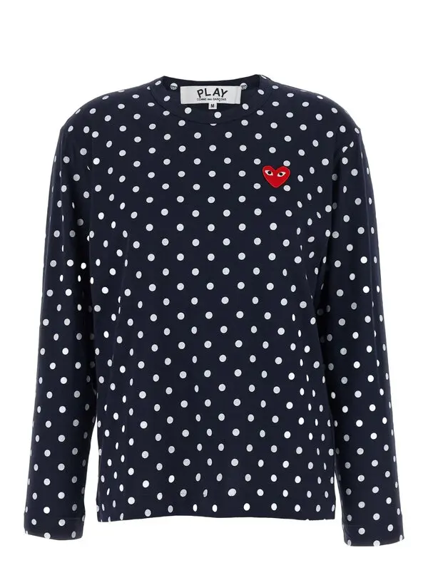 Play Comme Des Garcon Polka Dot Long Sleeve T-shirt With Red Logo Patch - Black