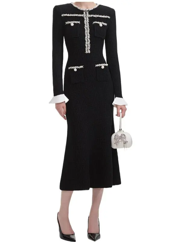 SELF-PORTRAIT Pearl-trim Knit Midi Dress - Black