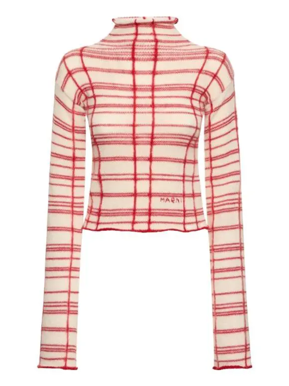 Marni Checked Wool Blend Turtleneck Sweater - Pink