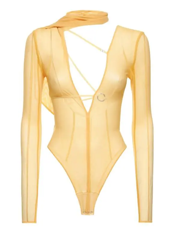 Jacquemus Long Sleeve Bodysuit With Scarf Detail - Nude