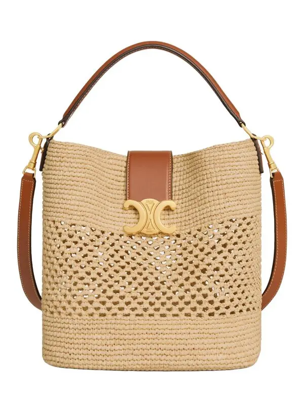 Celine Medium Louise Bucket Bag In Raffia And Calfskin - Natural/tan