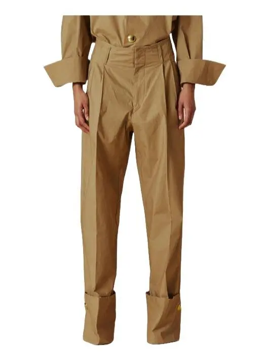 DARKPARK Cropped Pleated Trousers With Gold Button Cuffs - Camel