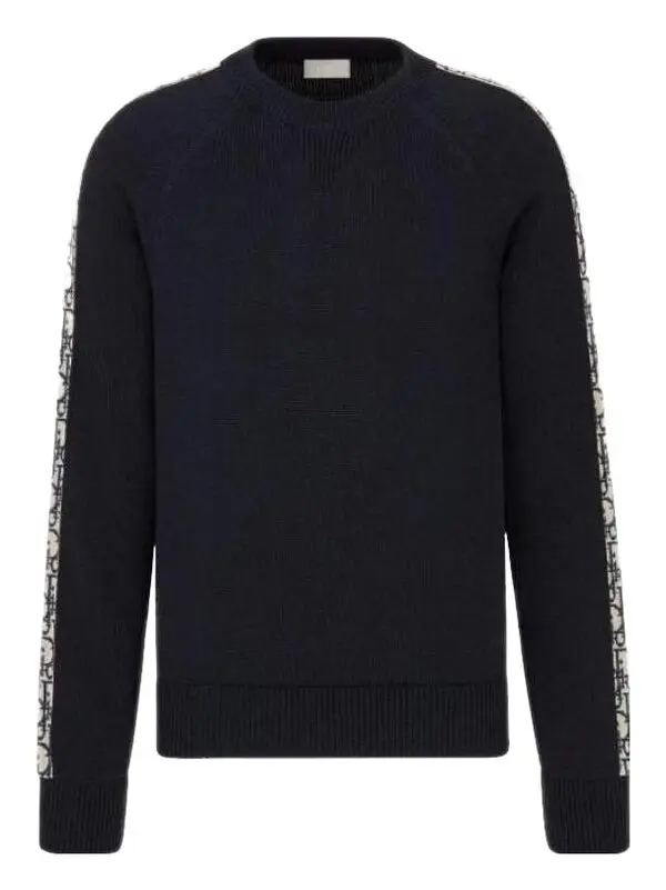 Dior Crewneck Jumper With Oblique Jacquard Sleeves - Blue
