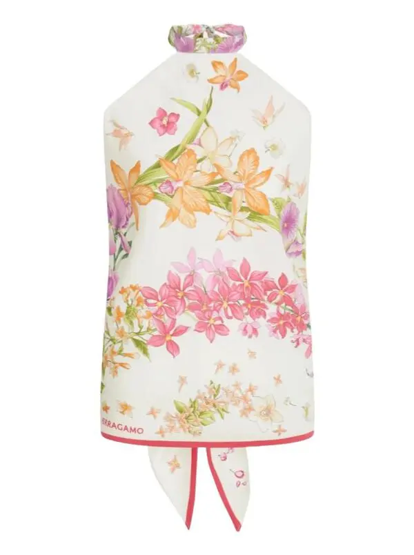 FERRAGAMO Floral Printed Halter Neck Silk Top - Rice Noodle