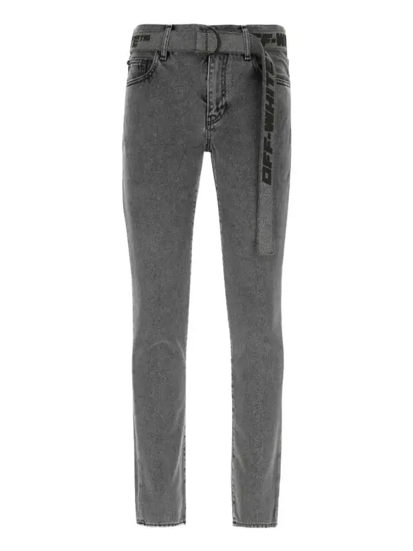 Off-White Logo Detailed Belted Skinny Jeans - Gray