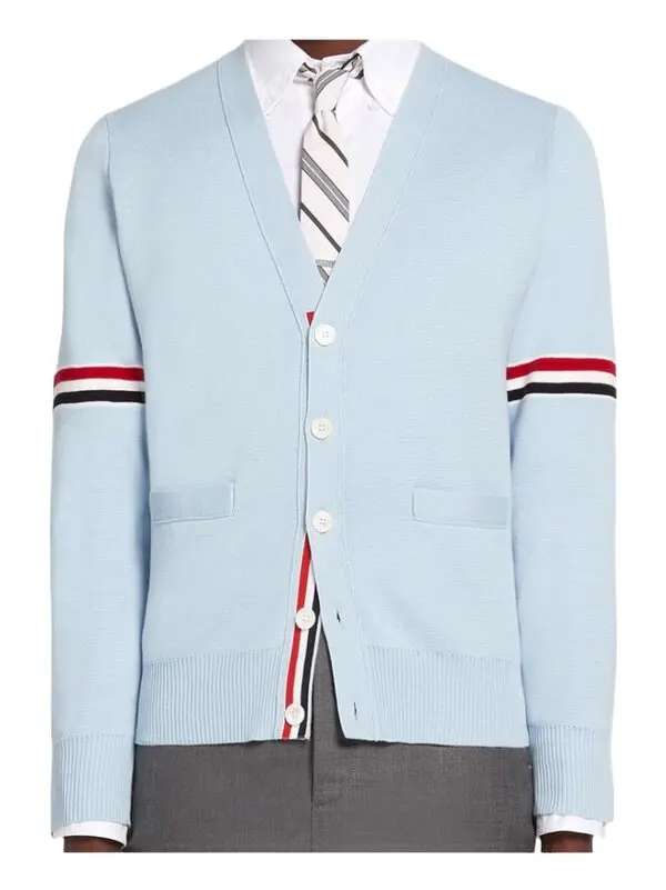 Thom Browne V-neck Cardigan With Striped Detail - Light Blue