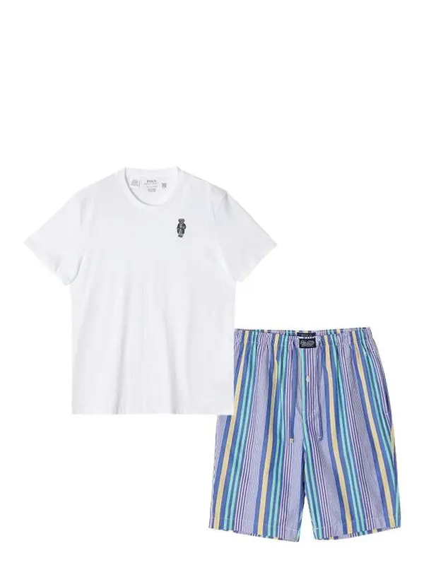 Polo Ralph Lauren Embroidered Bear Short Sleeve Pajama Set With Striped Lounge Shorts - White