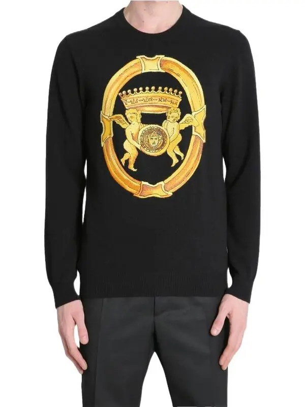 Versace Crew Neck Sweatshirt With Signature Embroidery - Black