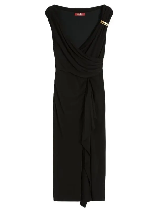 Max Mara Sleeveless V-neck Midi Dress With Metal Detail And Pleats - Black