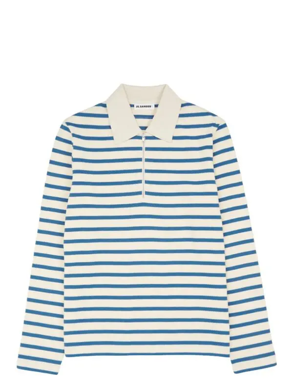 JIL SANDER Ribbed Cotton Jersey Stripe L/s Polo Cornsilk - White
