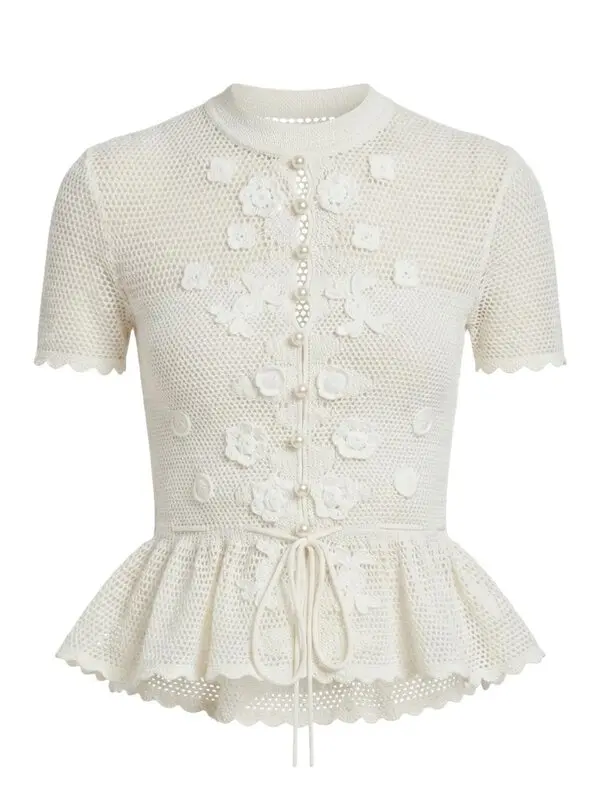 SELF-PORTRAIT Floral Crochet Sweater With Ruffled Waist - White