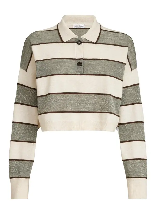 Brunello Cucinelli Sparkling Striped Cropped Knit Polo Shirt - Sage