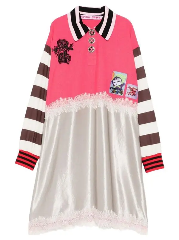 CHOPOVA LOWENA Striped Knit Polo Dress With Lace Trim - White