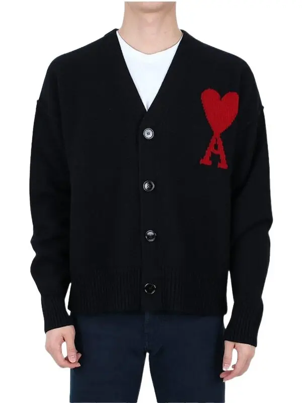 Ami V-neck Cardigan With Heart Logo - Black