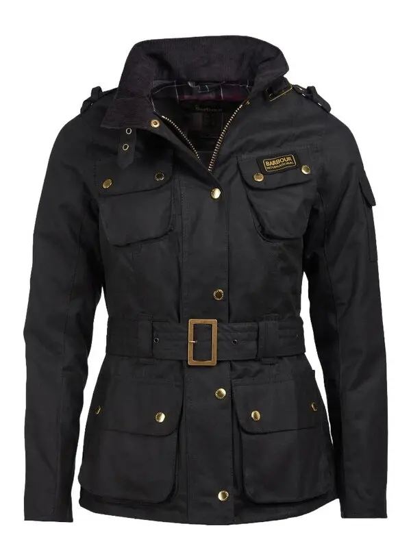 Barbour Logo Patch Belted Waxed Jacket - Black