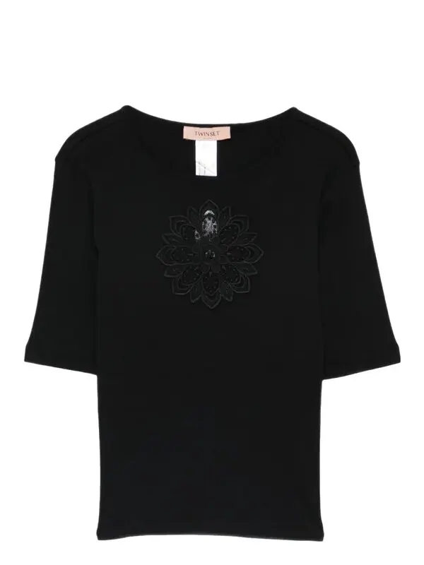 TWINSET Floral Appliqué T-shirt - Black
