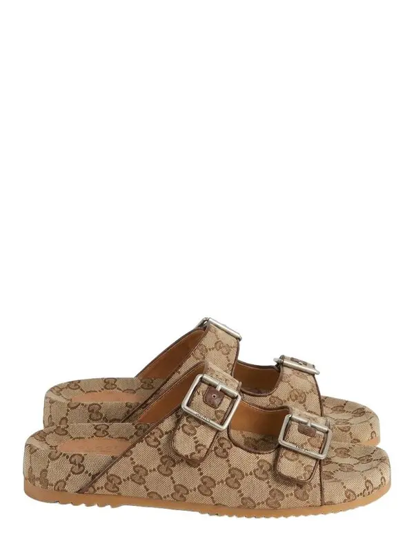 Gucci Gg Canvas Slide Sandals With Buckles - Brown