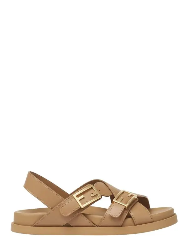 Fendi Flat Cross-over Slides With Ff Baguette Buckles - Light Brown