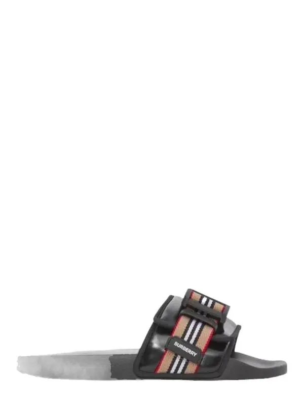 Burberry Icon Stripe Buckled Slides - Black