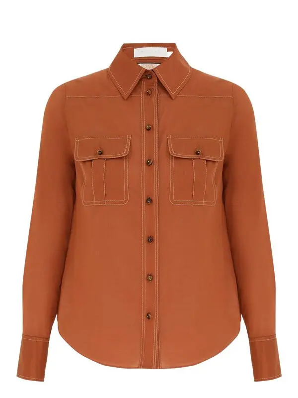 Zimmermann Collared Long Sleeve Shirt With Flap Chest Pockets - Brown