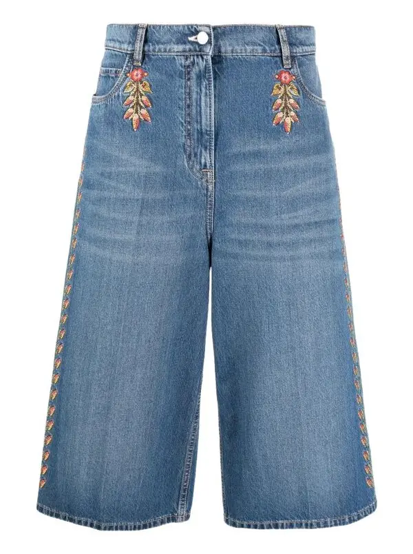 Etro Floral Embroidered Wide-leg Denim Culottes - Blue
