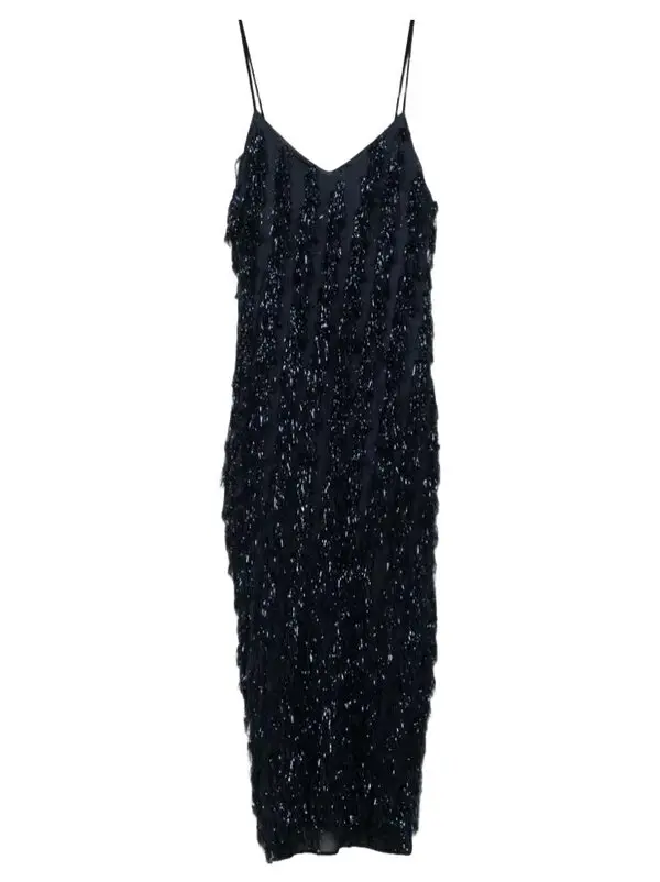 Stella McCartney Fringed V-neck Midi Dress - Navy Blue