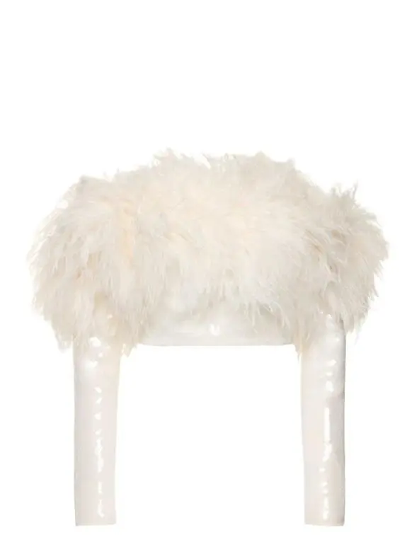 David Koma Sequined Feather Trimmed Off-the-shoulder Cropped Top - White
