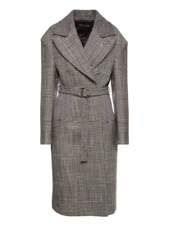 TOM FORD Prince Of Wales Wool Belted Midi Coat - Gray