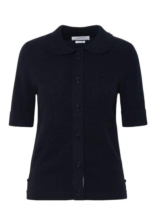 Thom Browne Short Sleeve Buttoned Knit Polo Shirt - Navy Blue