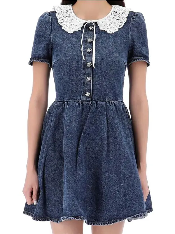 SELF-PORTRAIT Lace Collar Denim Mini Dress - Blue