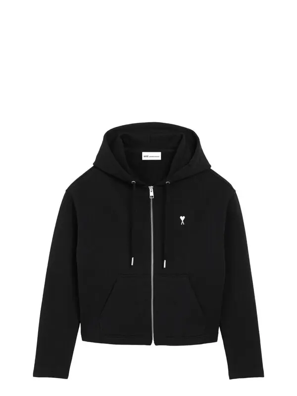 AMI Paris De Coeur Zip-up Drawstring Hoodie - Black/white/beige