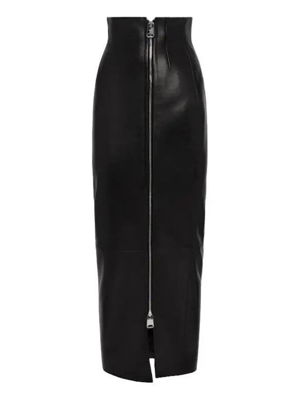 Khaite Gres Leather A-line Midi Skirt With Front Zip Closure - Black