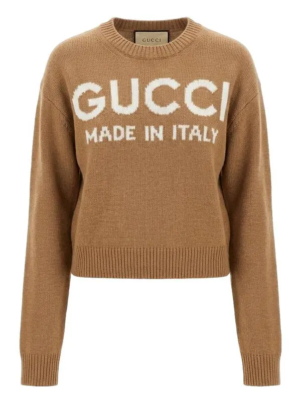 Gucci Logo Intarsia Crewneck Knit Sweater - Brown