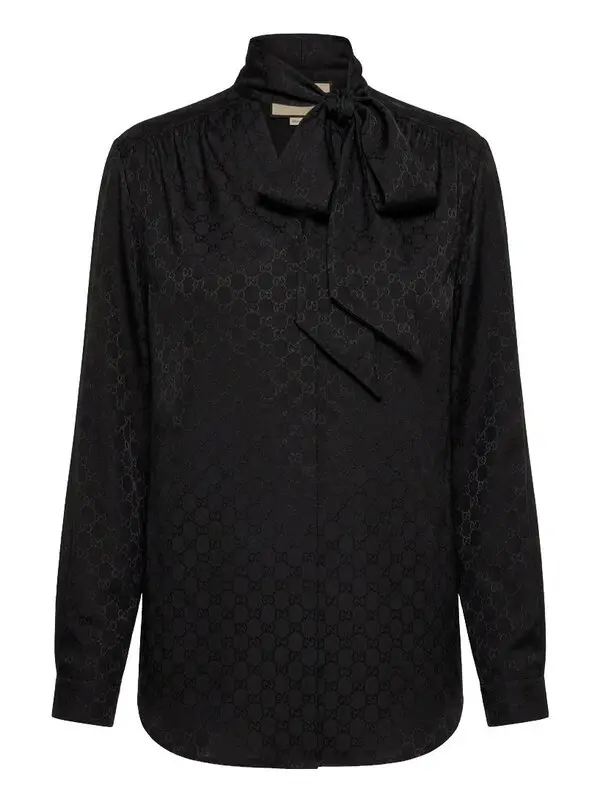Gucci Embellished Gg Crepe Satin Shirt With Self-tied Bow - Black