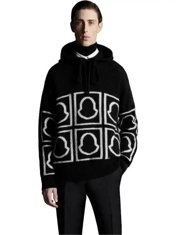 Moncler Logo-intarsia Knitted Hoodie - Black