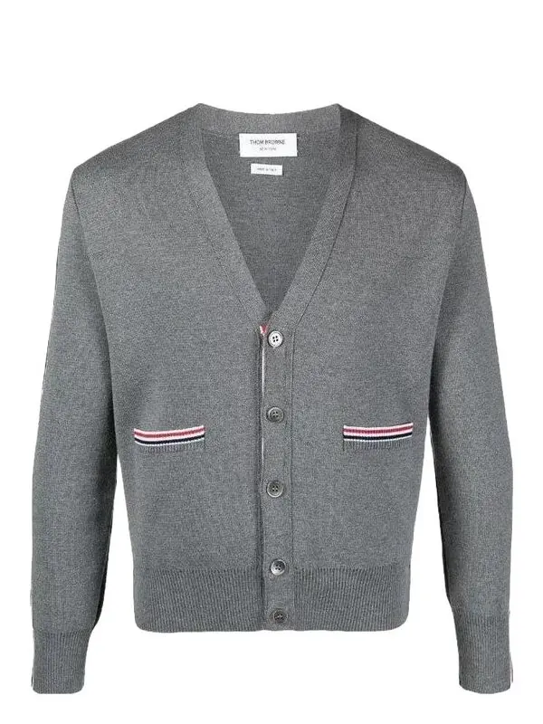 Thom Browne V-neck Fine Knit Cardigan With Striped Detailing - Medium Gray