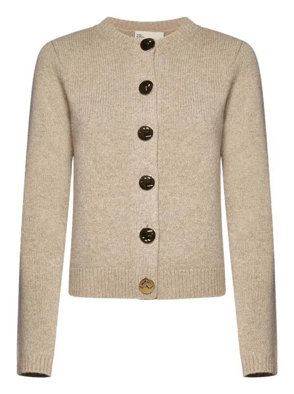 Tory Burch Logo Button Wool Cardigan - Nude
