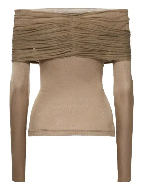 Christopher Esber Sheer Ruffle Off-shoulder Top - Brown