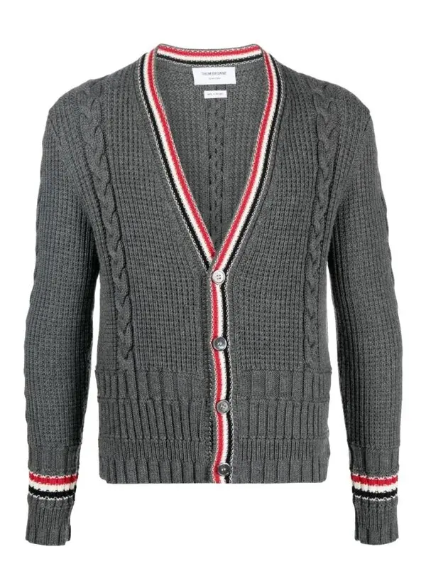 Thom Browne Cable-knit Wool Cardigan With Striped Trim - Medium Gray