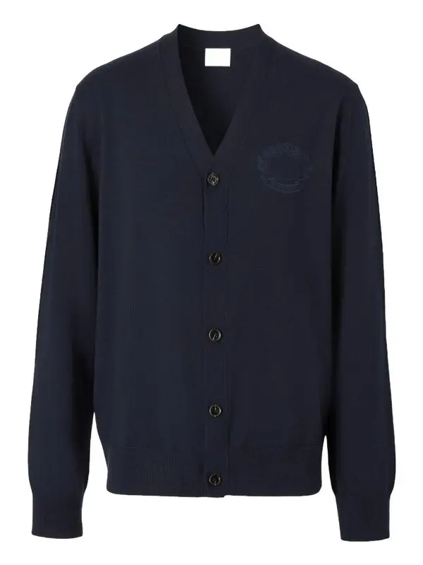Burberry Embroidered Oak Leaf Crest Wool Cardigan - Blue